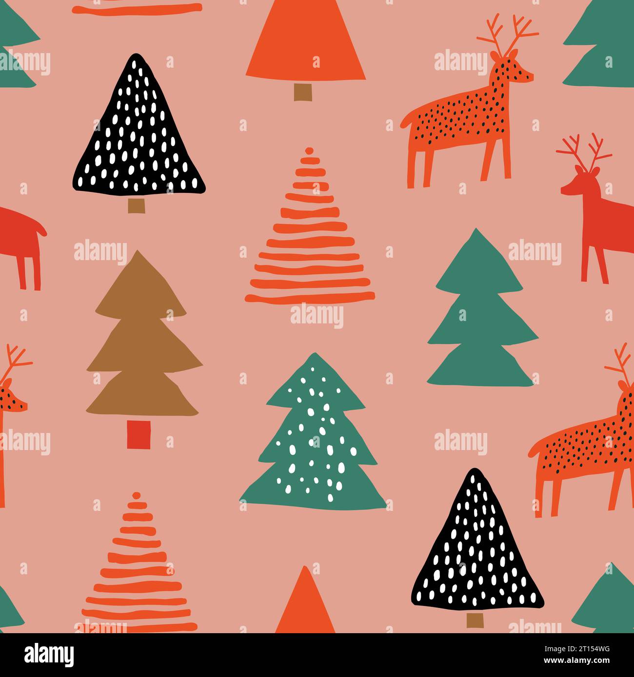 Christmas trees, reindeers pattern on pink background. Hand drawn ...