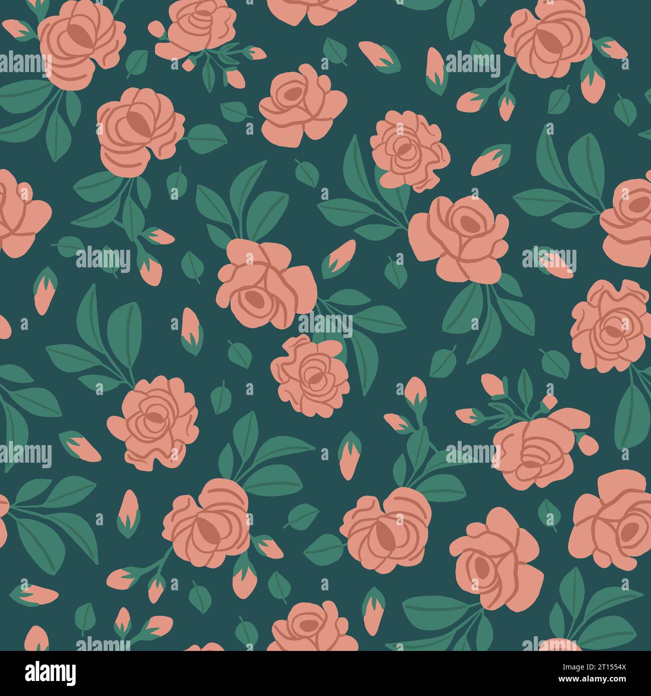 Vintage pattern with pink roses and leaves on green background. Retro ...