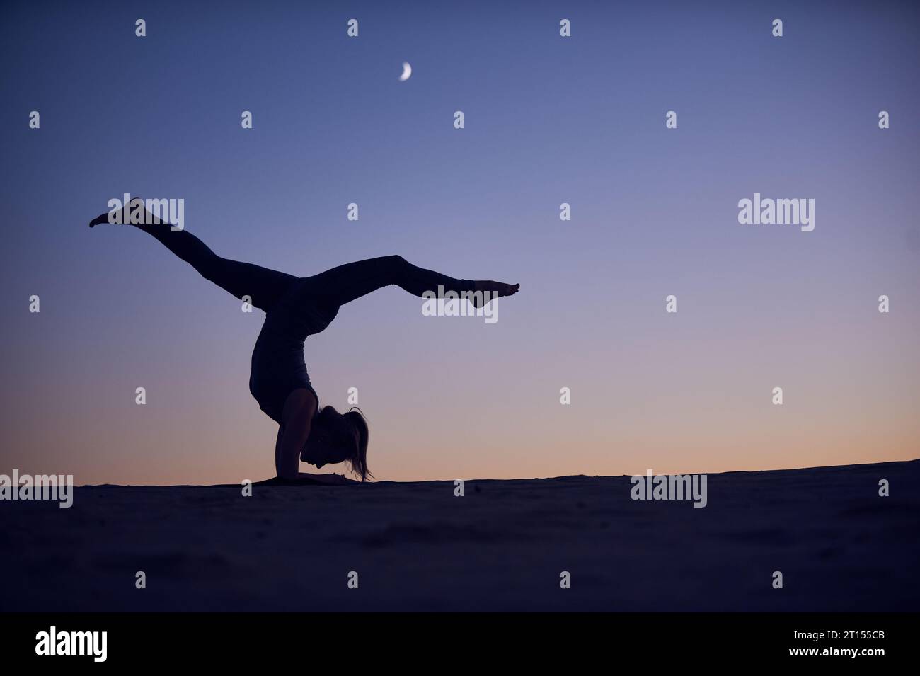Beautiful young woman practices inverse forearm stand yoga asana ...