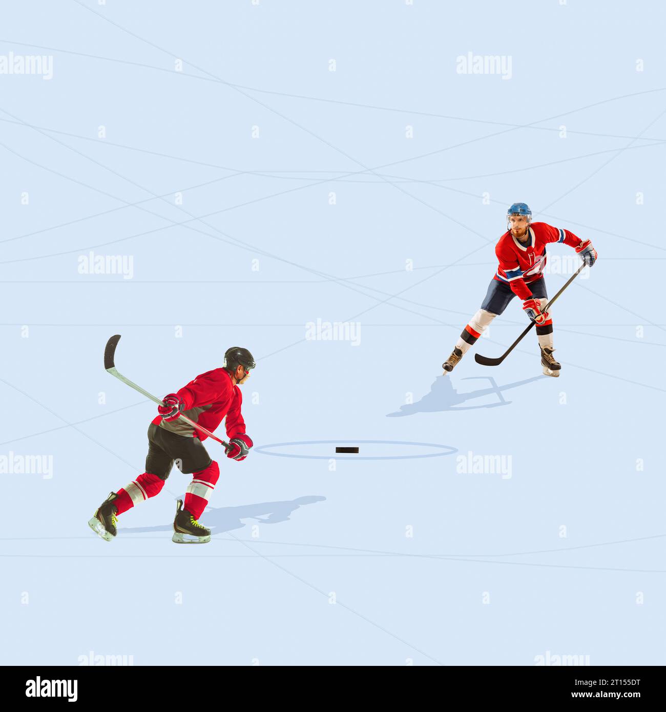 Two men, professional hockey players during game, competing on ice rink ...