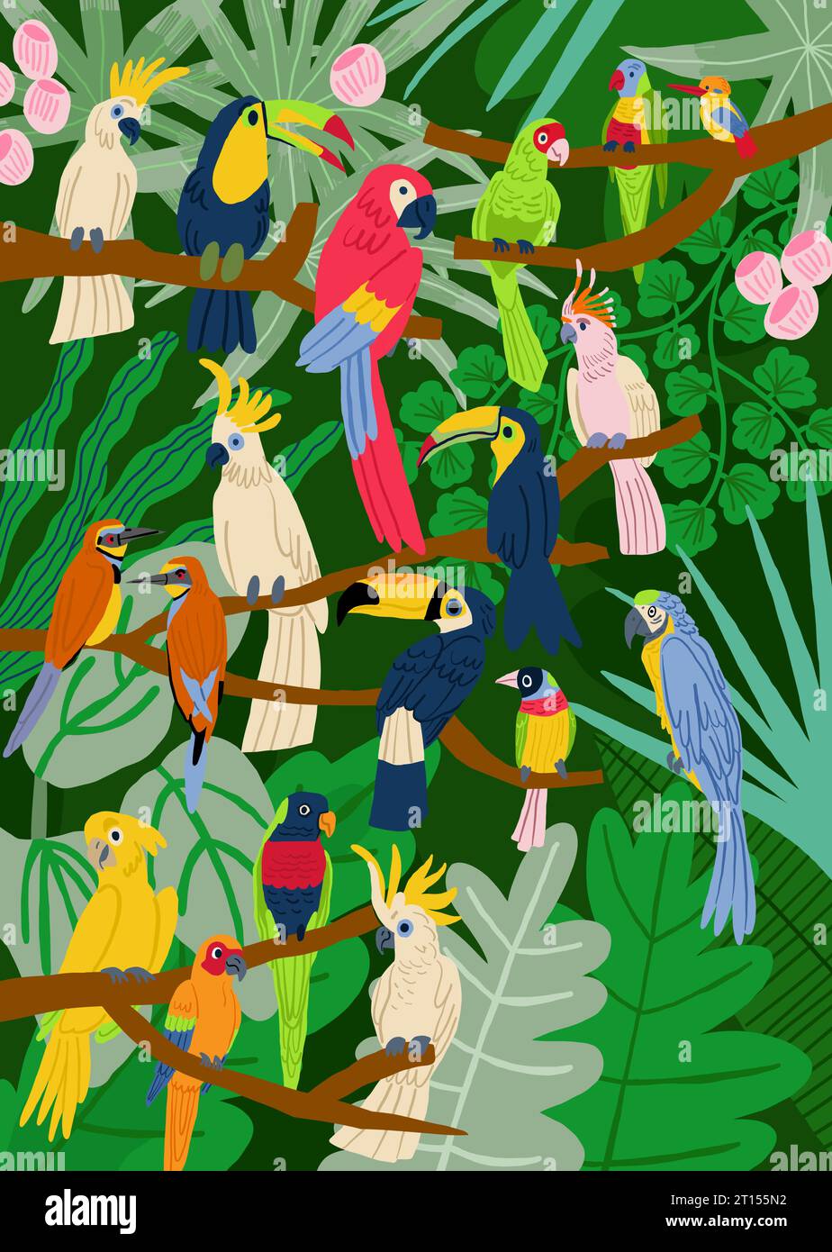 Vertical poster with jungles and colorful parrots. Tropical jungle with ...
