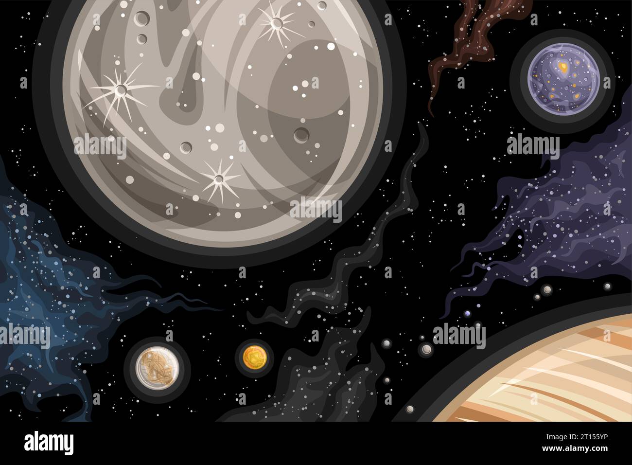 Vector Fantasy Space Chart, astronomical horizontal poster with cartoon ...