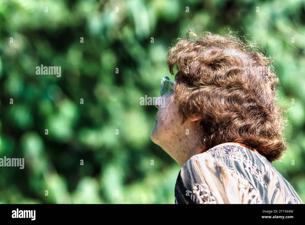 With sun-drenched woods in the background, an aged woman looks skyward ...