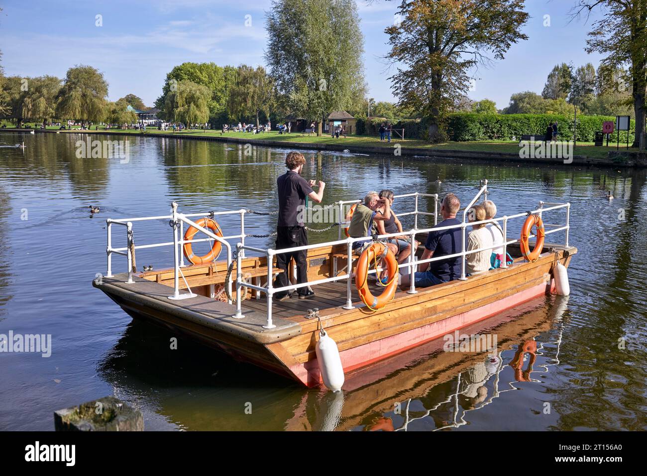 Chain driven man powered ferry boat crossing the river Avon with ...