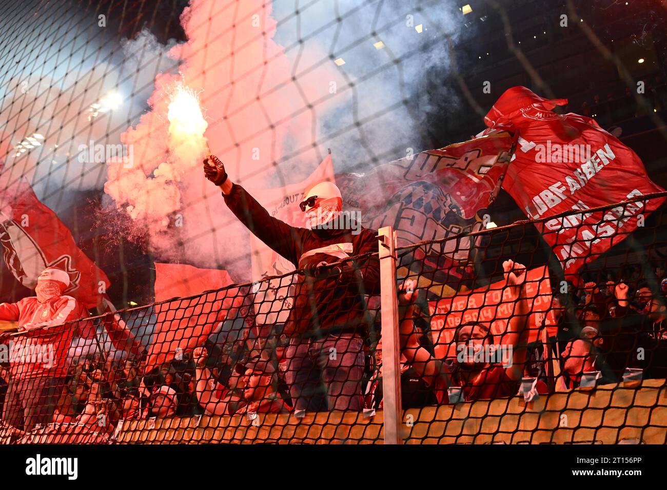 COPENHAGEN, DENMARK - OCTOBER 3: Ultras fans of Bayern Munich set up ...