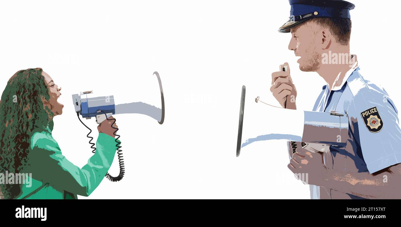 Justice man, megaphone or police officer speech for service ...