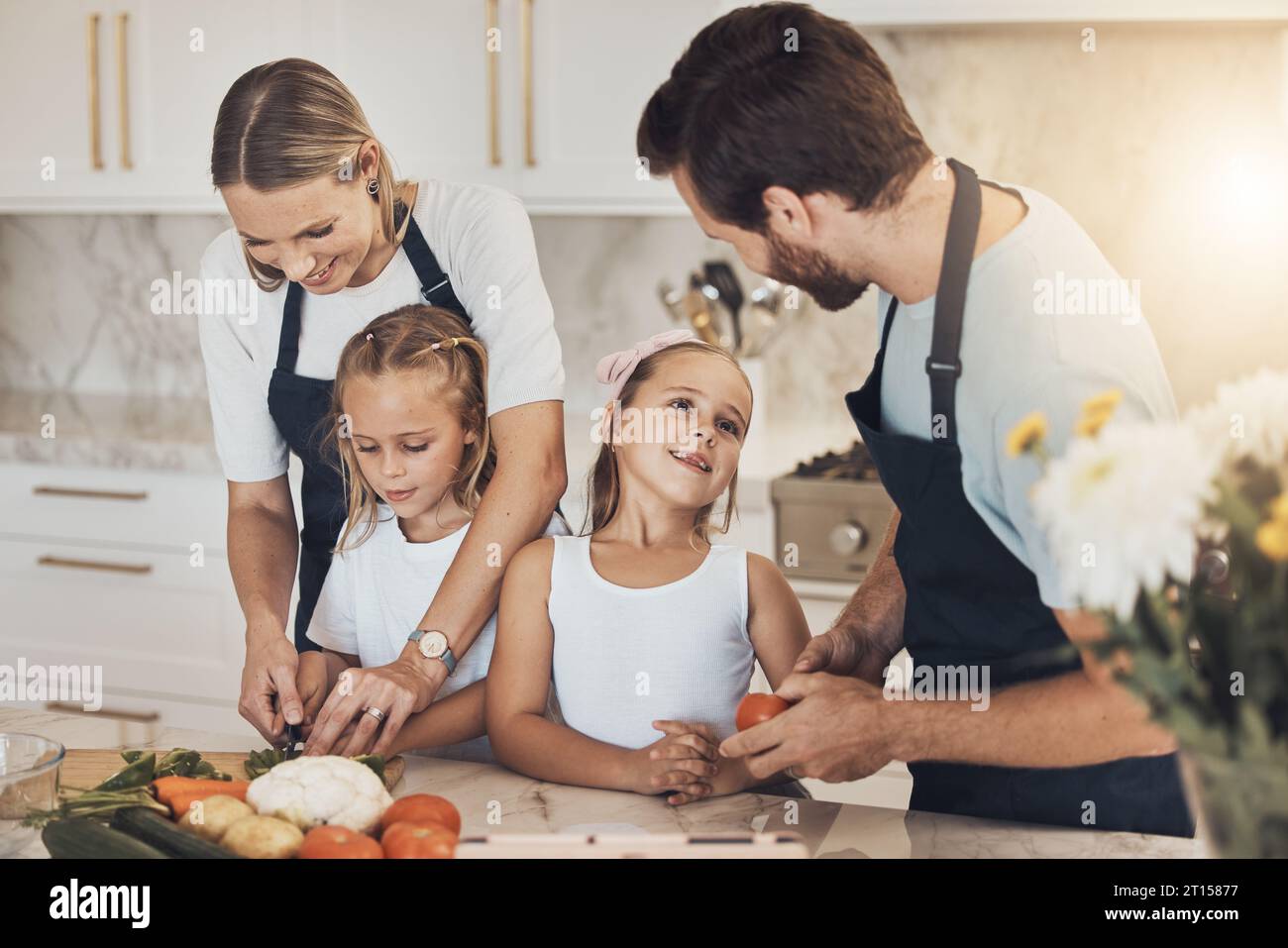 Kids, learning and happy family cooking in home, kitchen or together ...
