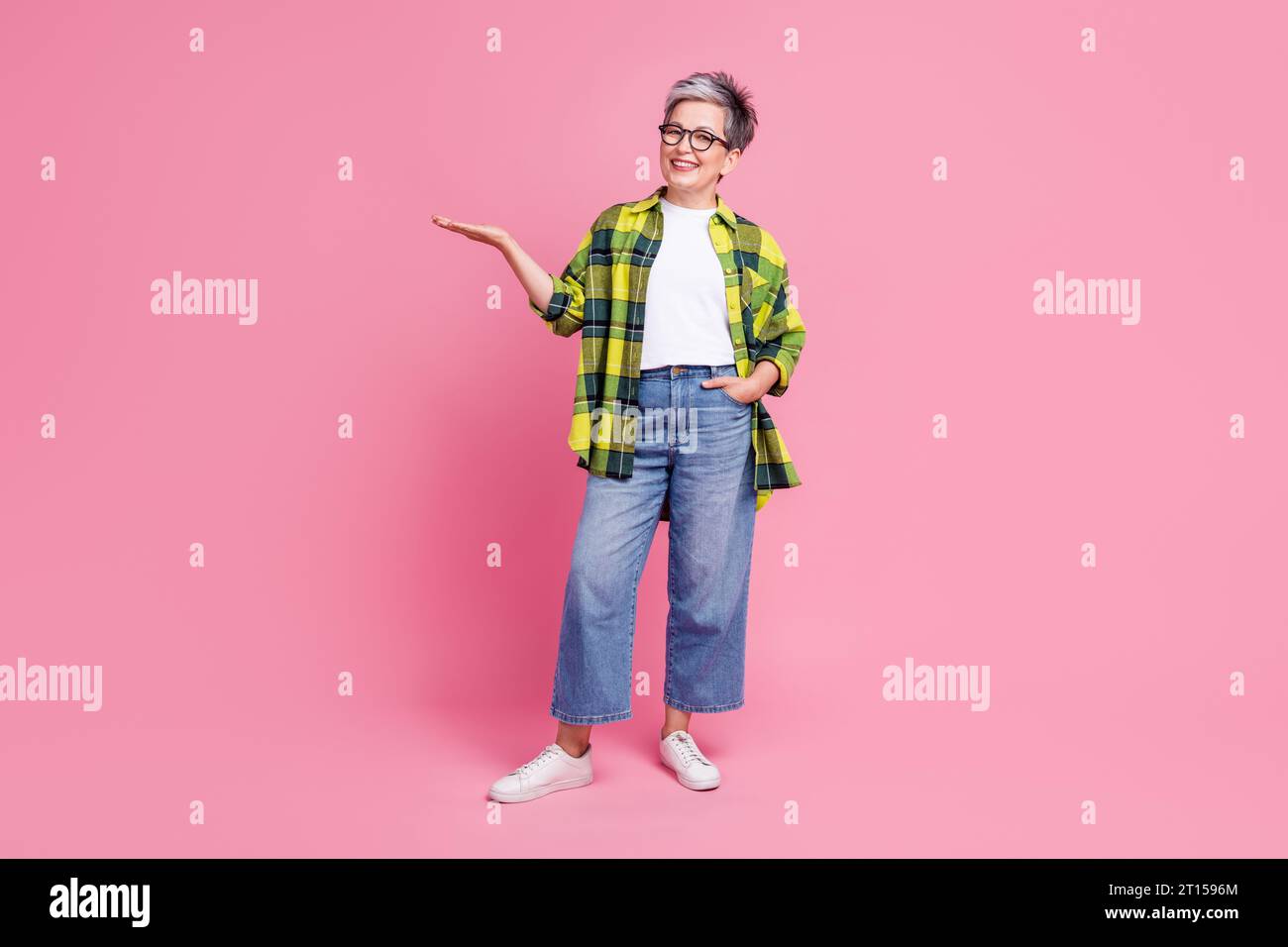 Full size photo of cheerful person with gray hair dressed plaid shirt ...