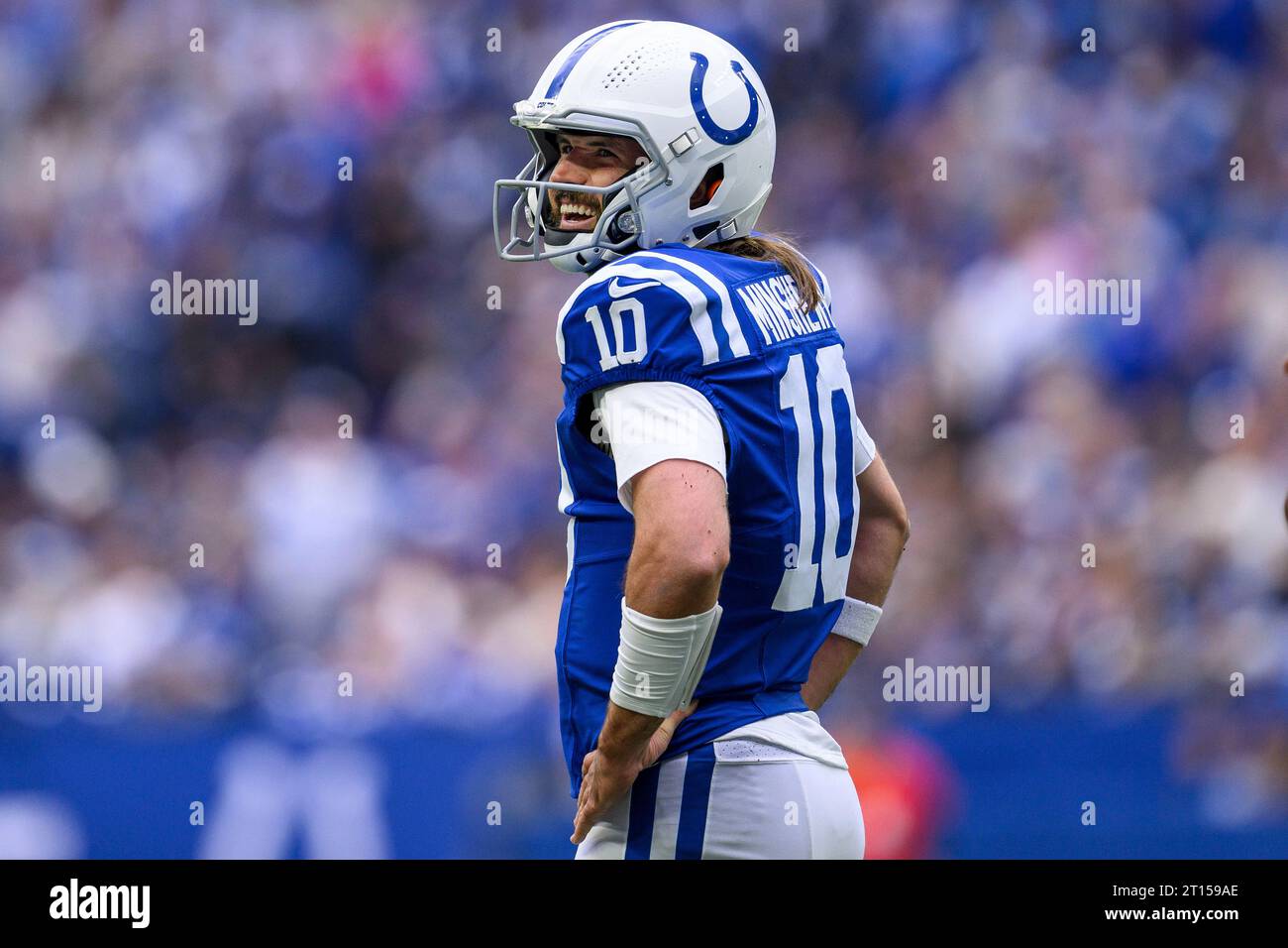 Indianapolis Colts quarterback Gardner Minshew (10) reacts to a call ...