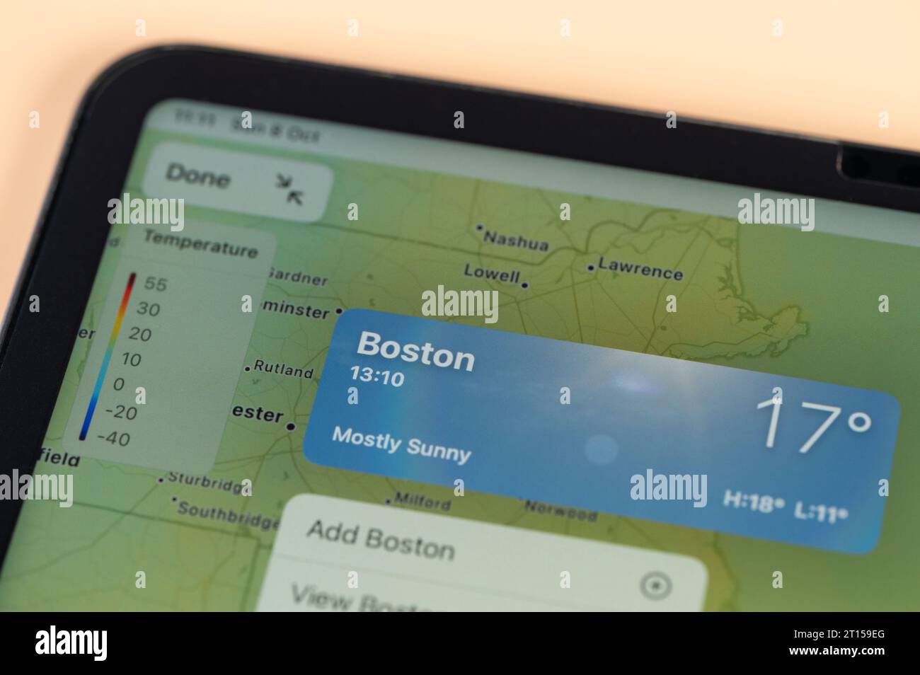 New York, USA - October 8, 2023: Checking temperature outside in Boston ...