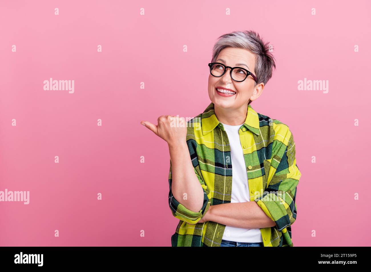 Portrait of nice person with white gray hair dressed plaid shirt look ...