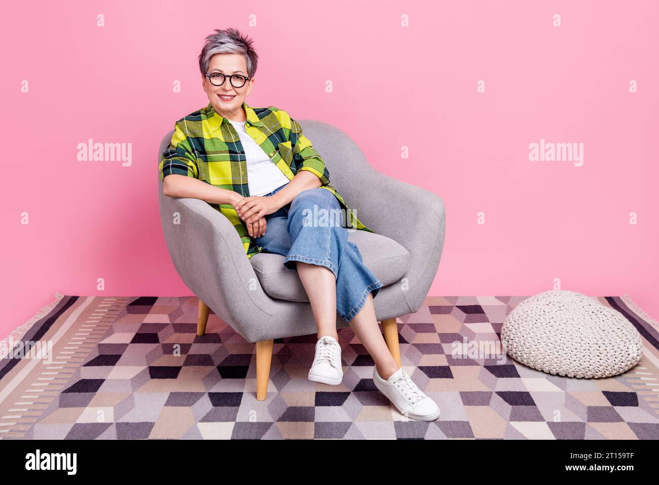 Full size photo of pleasant good mood person dressed plaid shirt siting ...