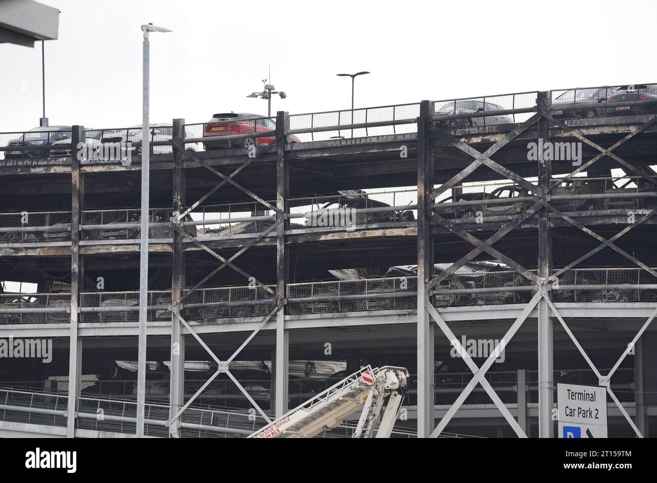 The scene following a fire at a multi-storey car park at Luton Airport ...