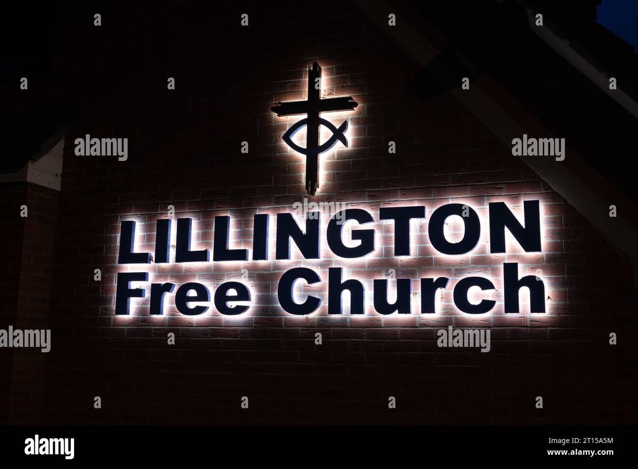 Lillington Free Church sign at night, Warwickshire, England, UK Stock ...