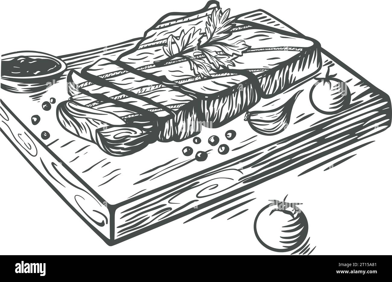 Grilled beef steak hand engraved. Juicy piece of meat, tomato, rosemary ...