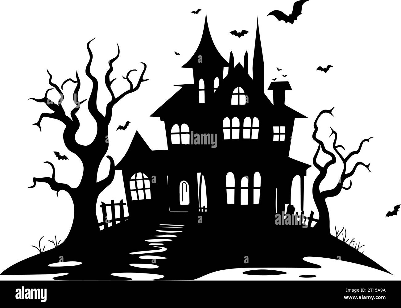 Halloween Haunted house silhouette, scene of ghost mansion. Vector ...