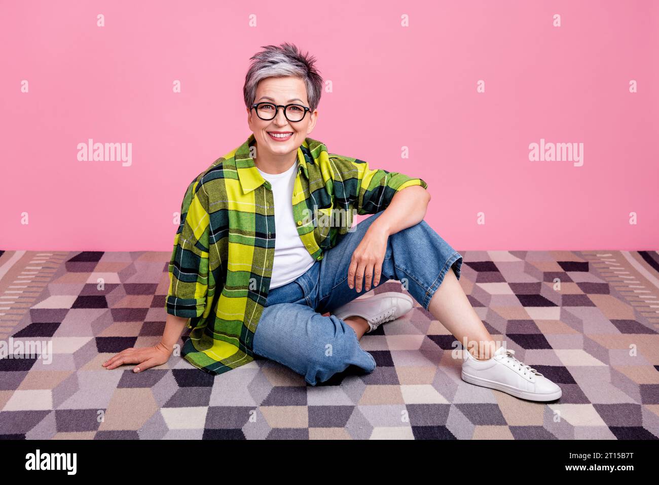 Full size photo of good mood person with white gray hairdo dressed ...