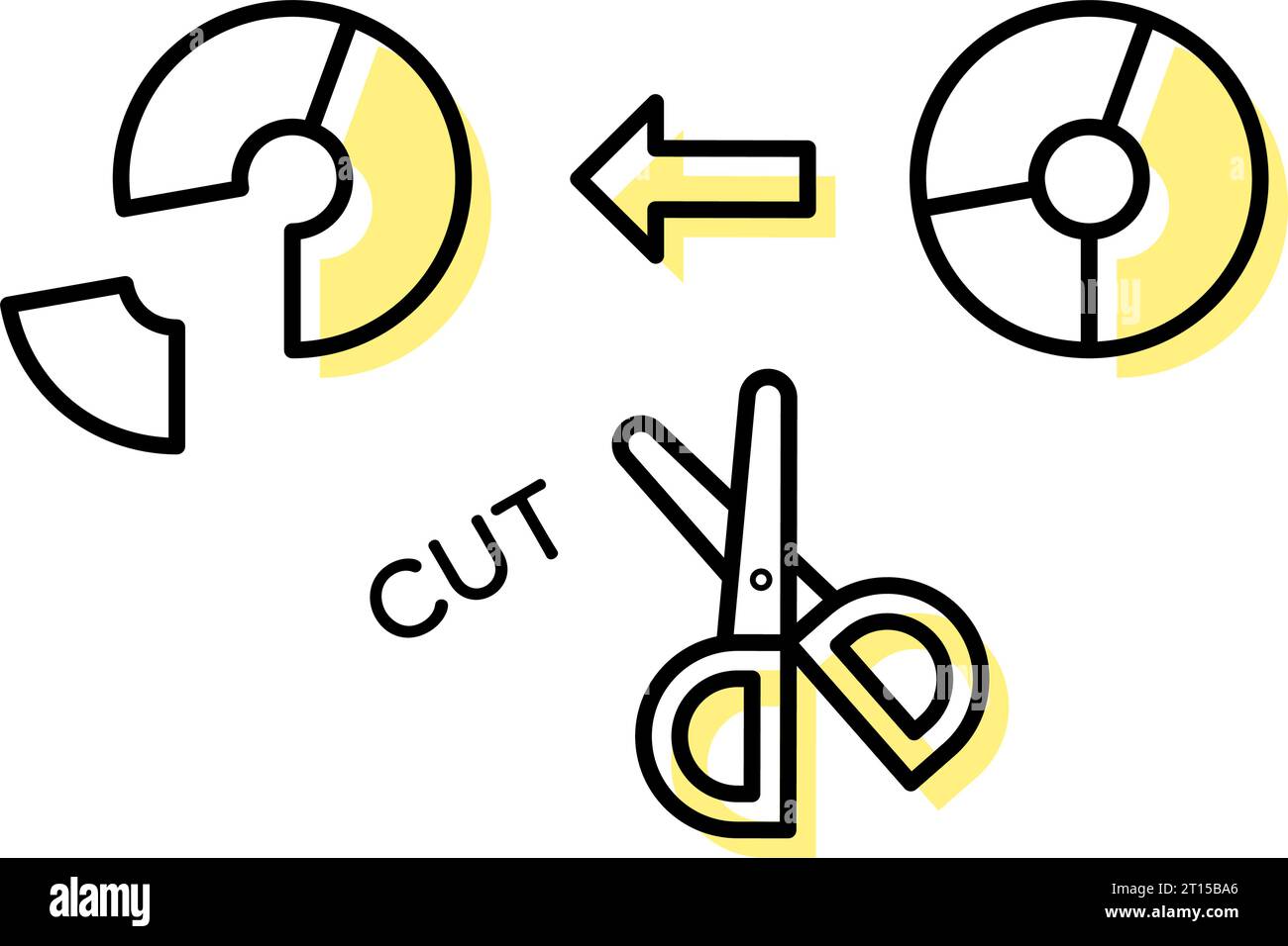 Cost-cutting, simple line-drawing icon with scissors to cut pie chart ...