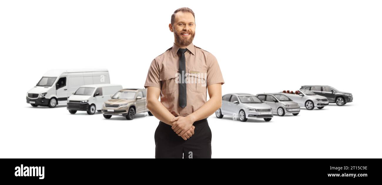 Security guard standing in front of parked vehicles isolated on white ...
