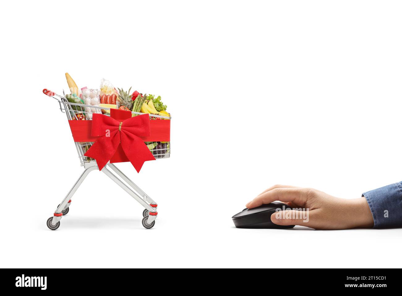Hand with a computer mouse shopping groceries online isolated on white ...