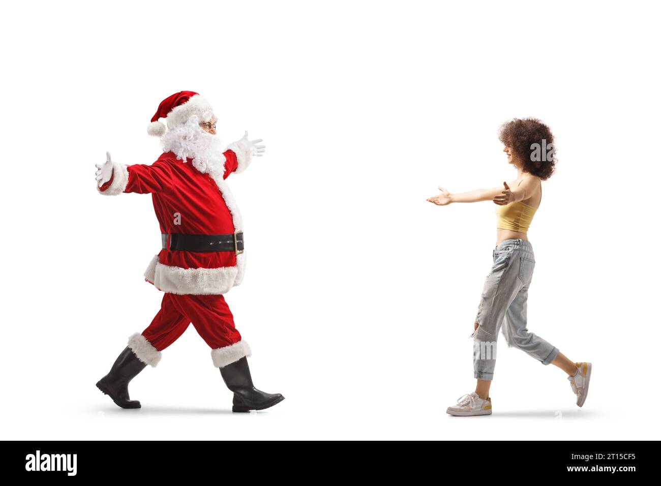 Full length profile shot of santa claus walking with arms wide open and ...