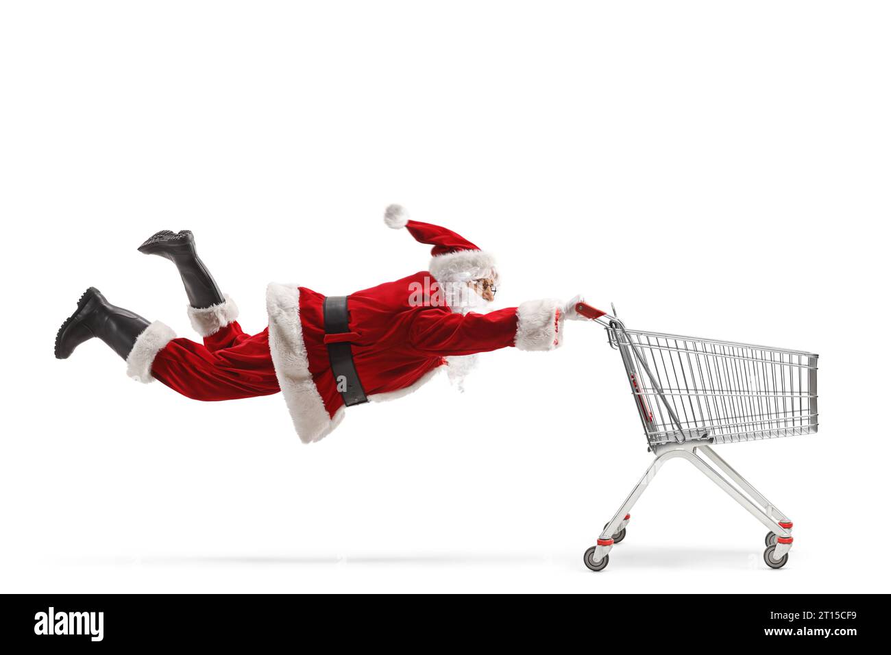 Santa claus flaying and holding an empty shopping cart isolated on ...