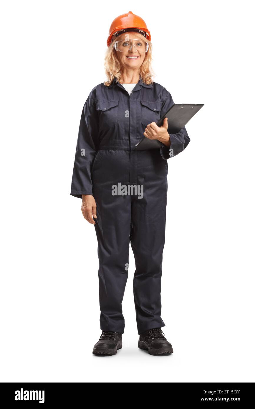 Female factory worker in a uniform wearing helmet and goggles isolated ...