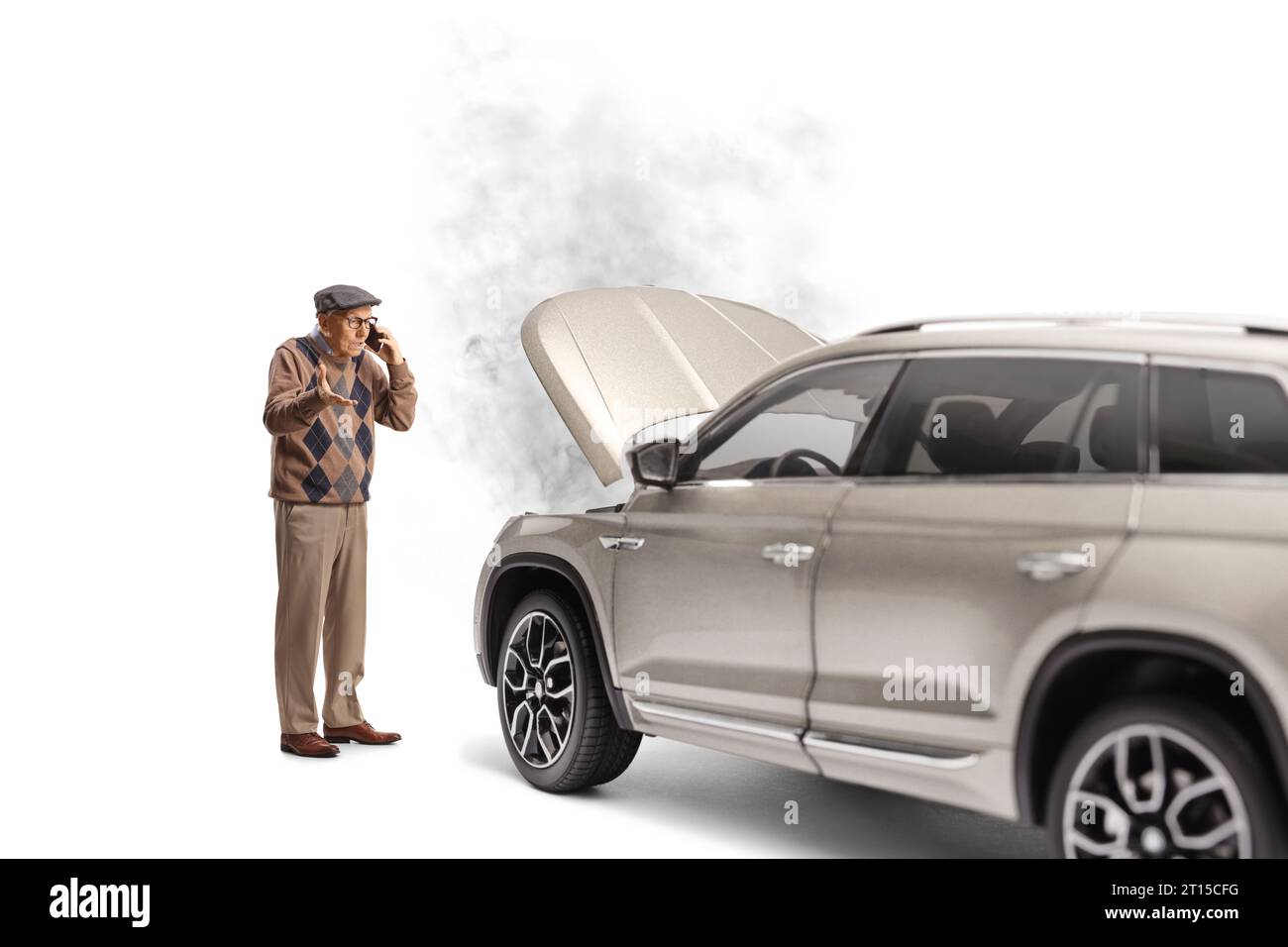 Angry elderly man with a broken SUV making a phone call isolated on ...
