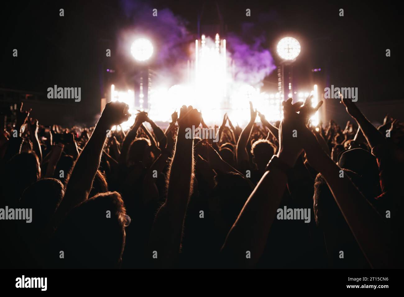 Happy people crowd with raised hands on a dance floor during a concert ...