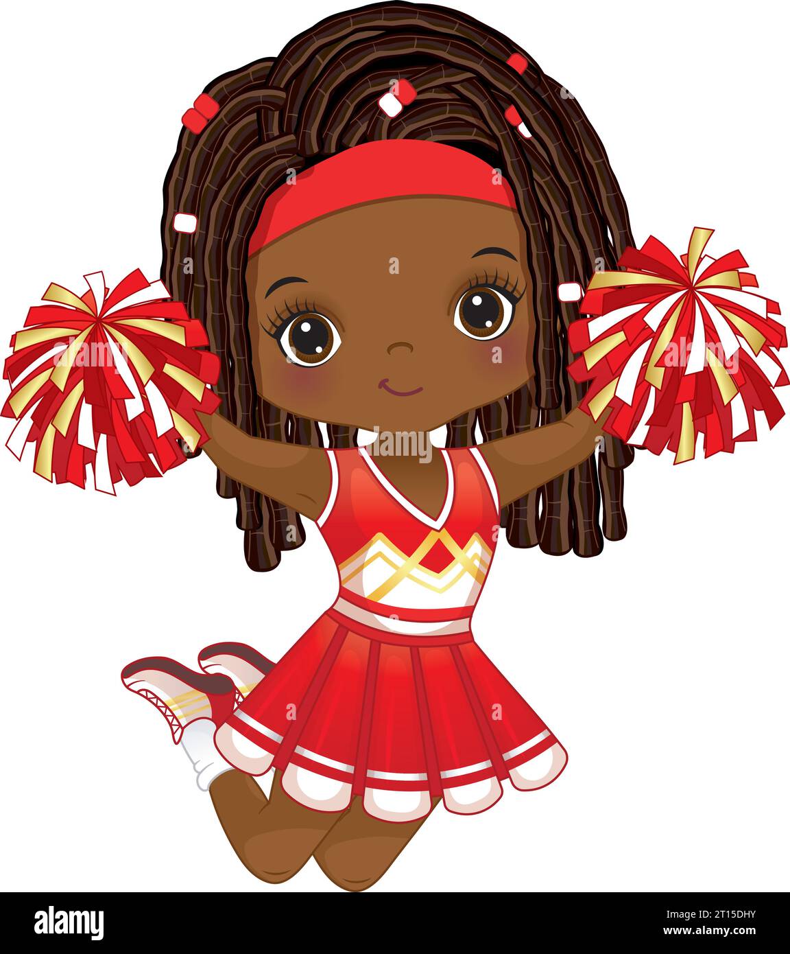 Vector Cute African American Cheerleader with Pom Poms Jumping Stock ...