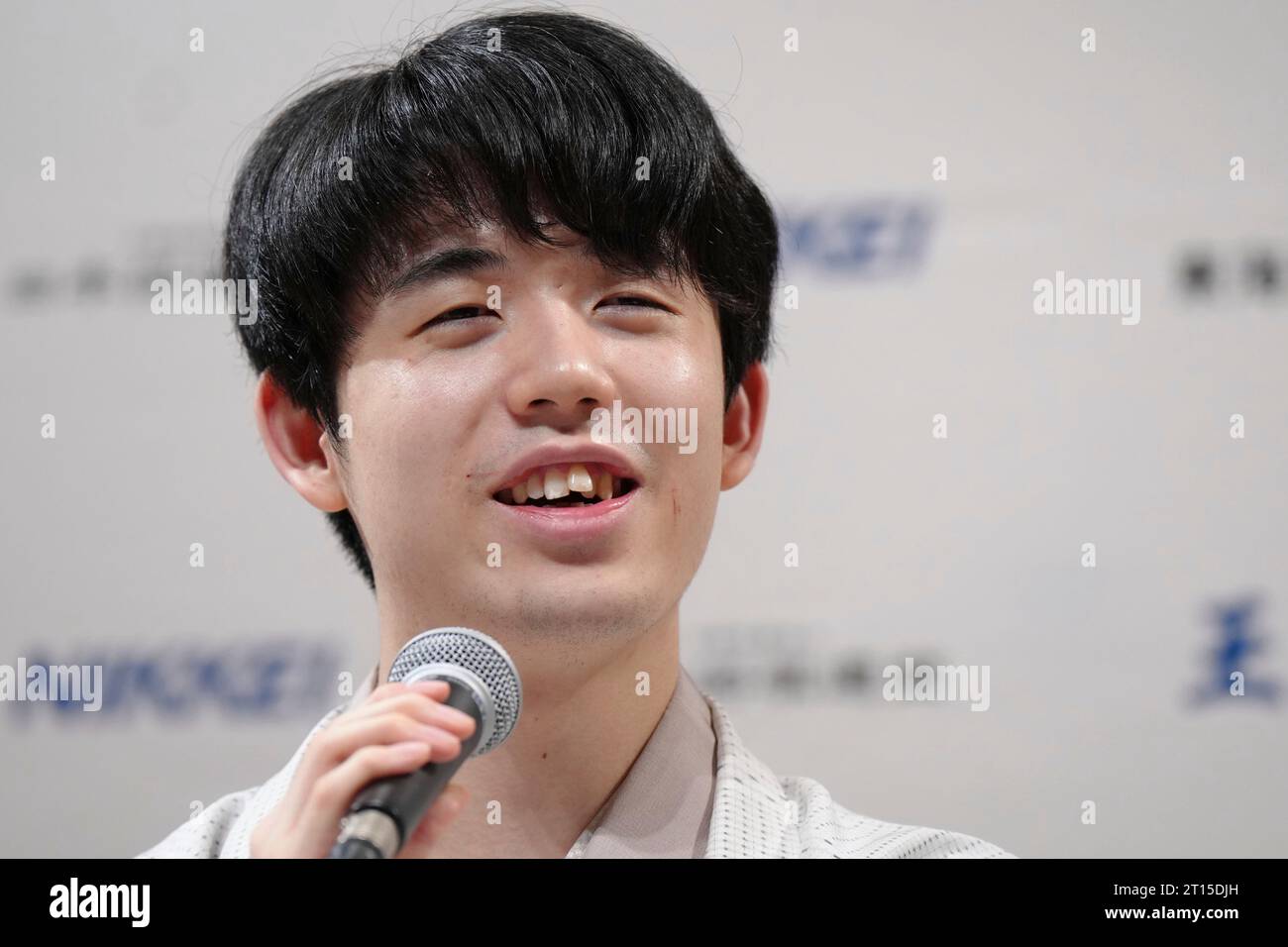 Shogi, Japanese chess player Sota Fuji speaks at a news conference after winning the match ...