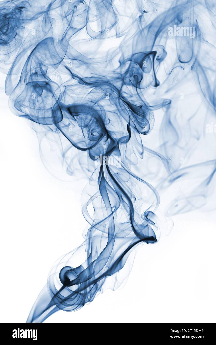 Blue abstract smoke from the aromatic sticks on a white background ...