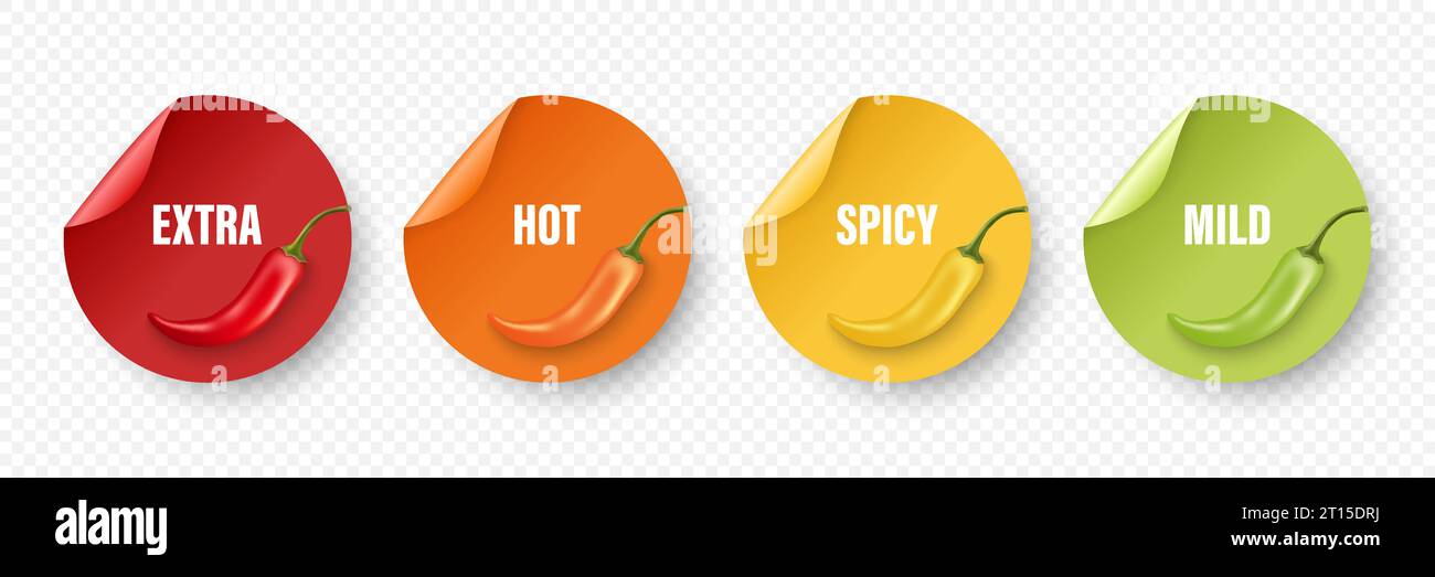 Realistic Vector Round Stickers with Spicy Chili Pepper Levels. Red ...