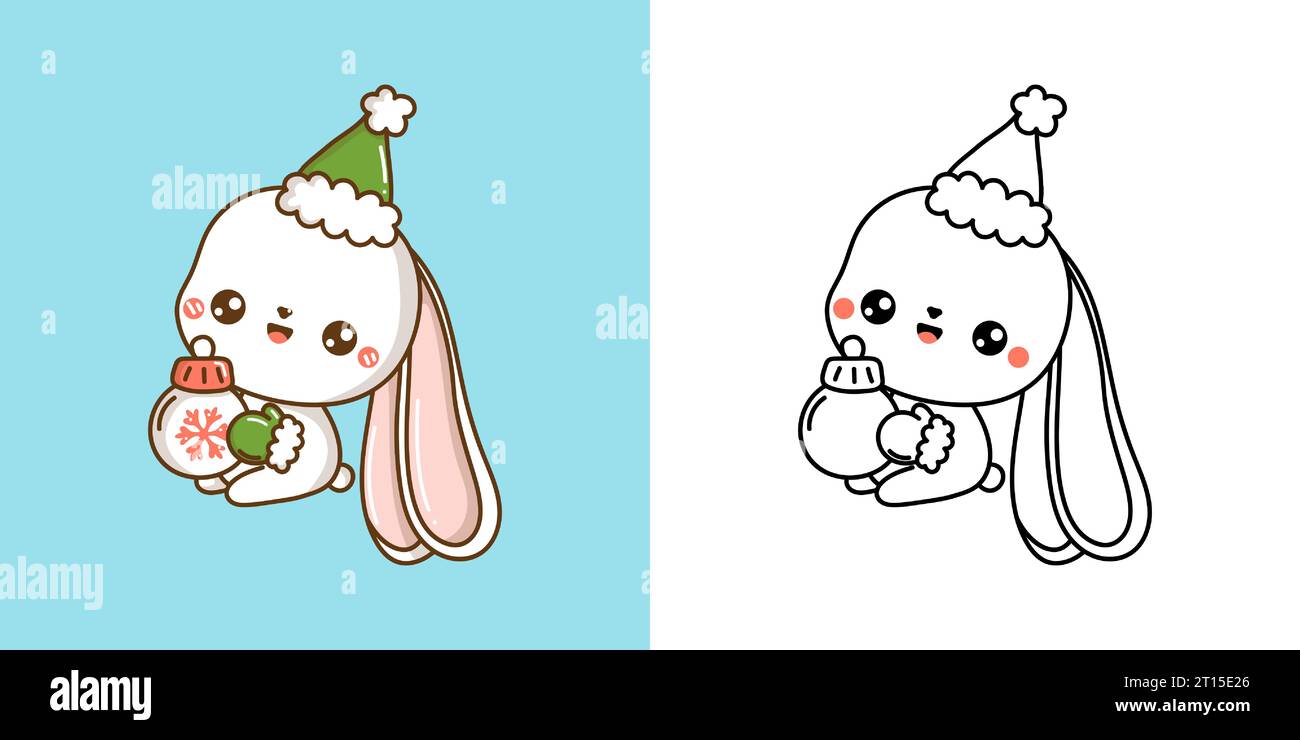 Cute Christmas Rabbit Clipart Illustration and Black and White. Funny ...