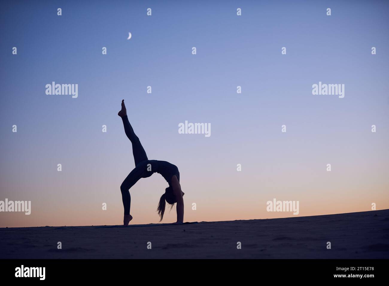 Beautiful Young Woman Practices Backbend Yoga Asana Eka Pada Urdhva