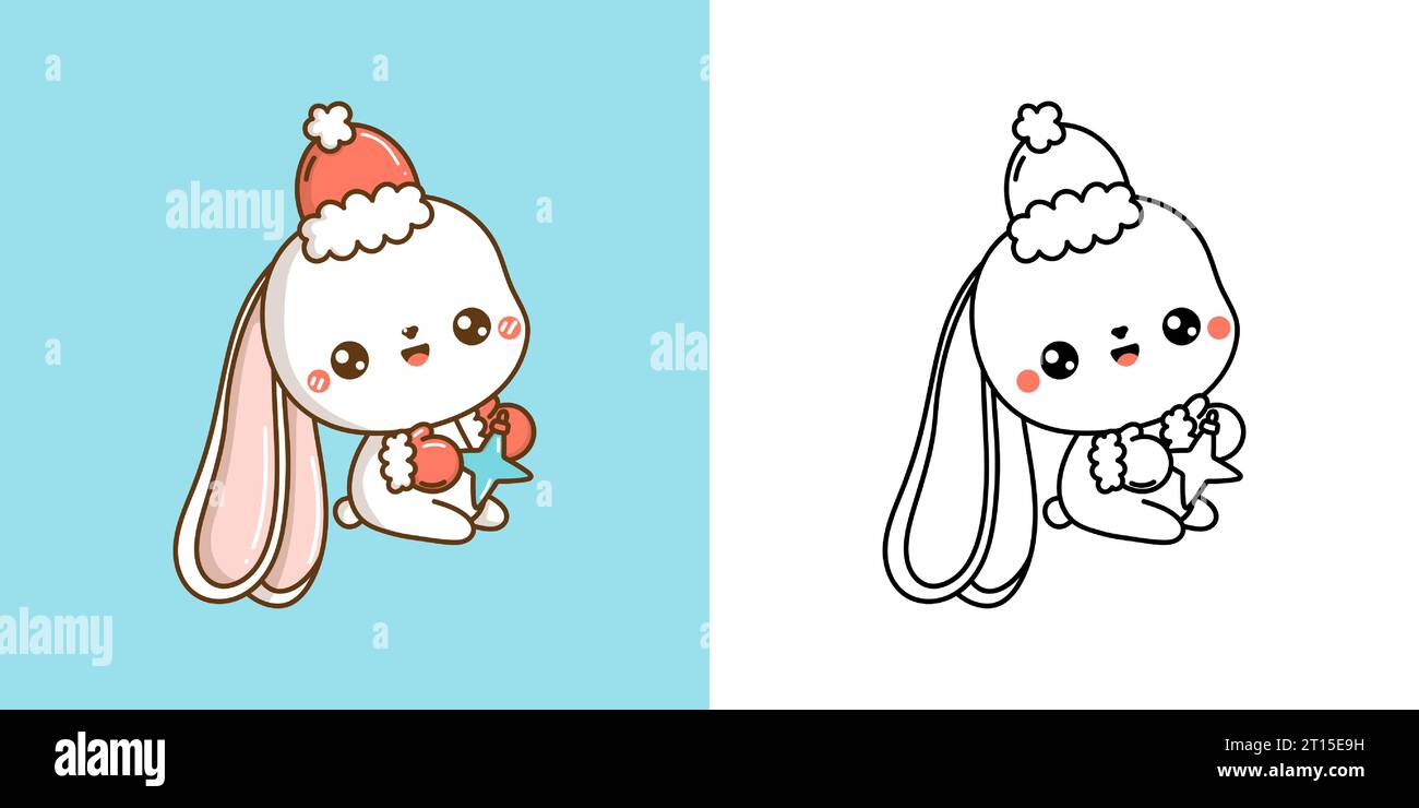 Cute Christmas Rabbit Clipart Illustration and Black and White. Funny ...