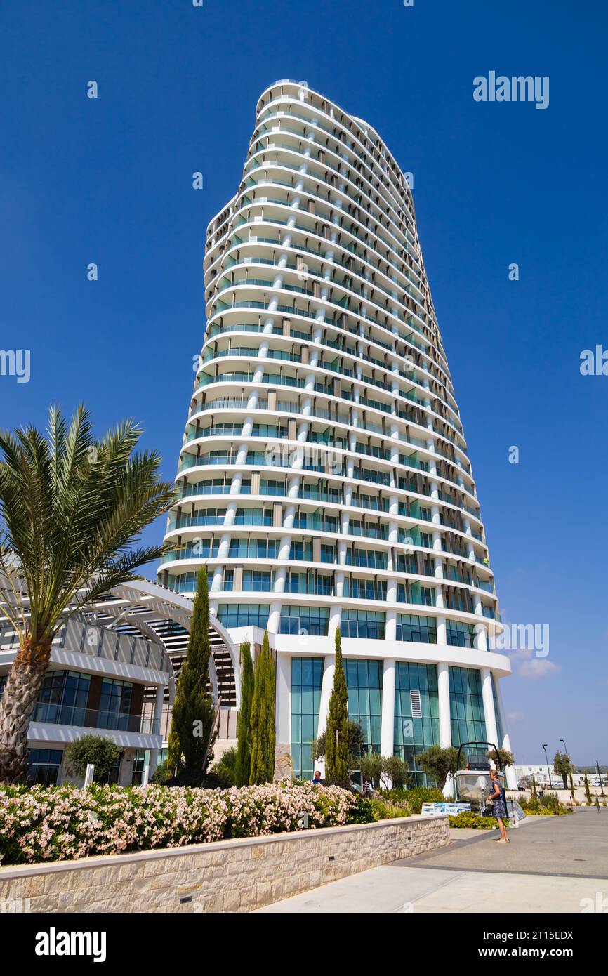 The first of two twin twisted tower buildings on Ayia Napa Marina. The ...