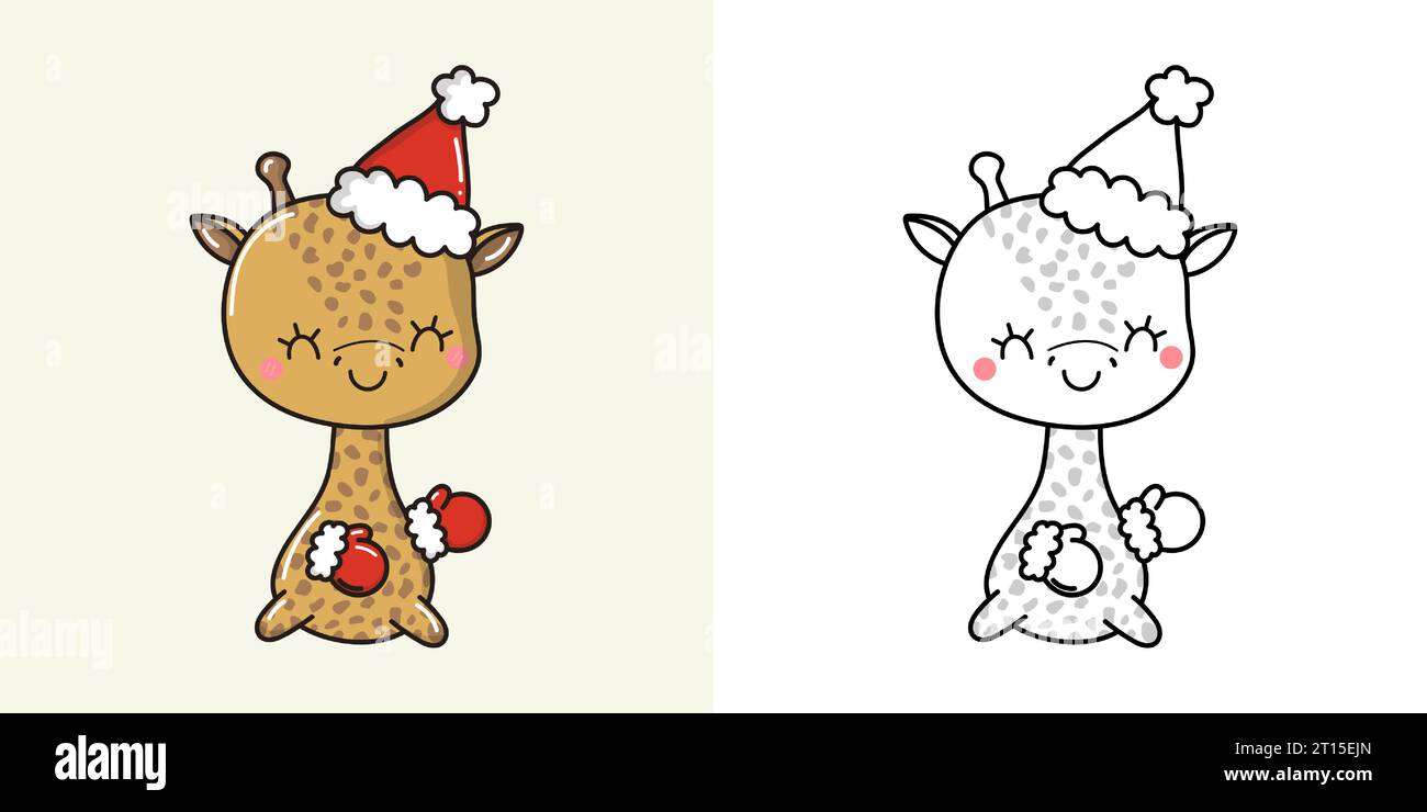 Cute Christmas Giraffe Illustration and For Coloring Page. Cartoon ...