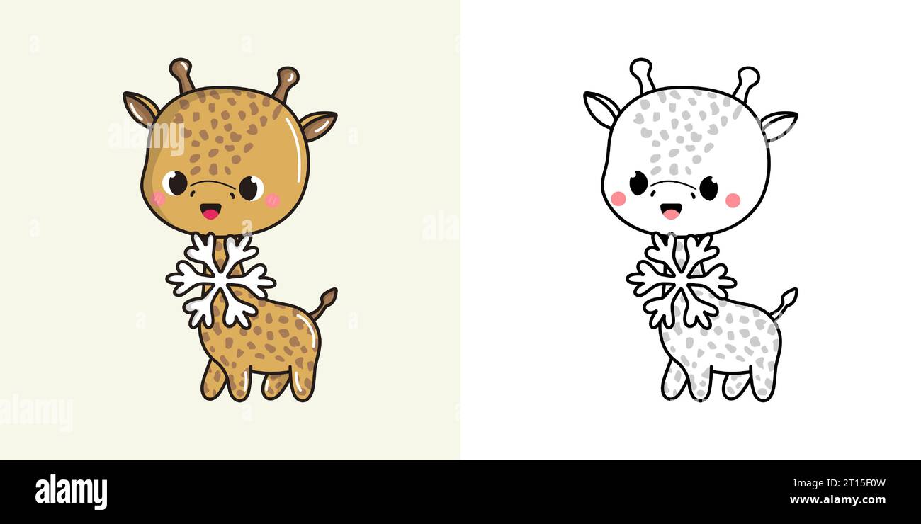 Kawaii New Year Giraffe Clipart Multicolored and Black and White. Cute ...
