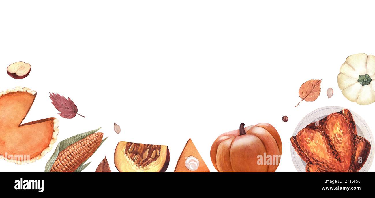 Watercolor baked turkey, autumn leaves, pumpkin pie, corn and apples ...