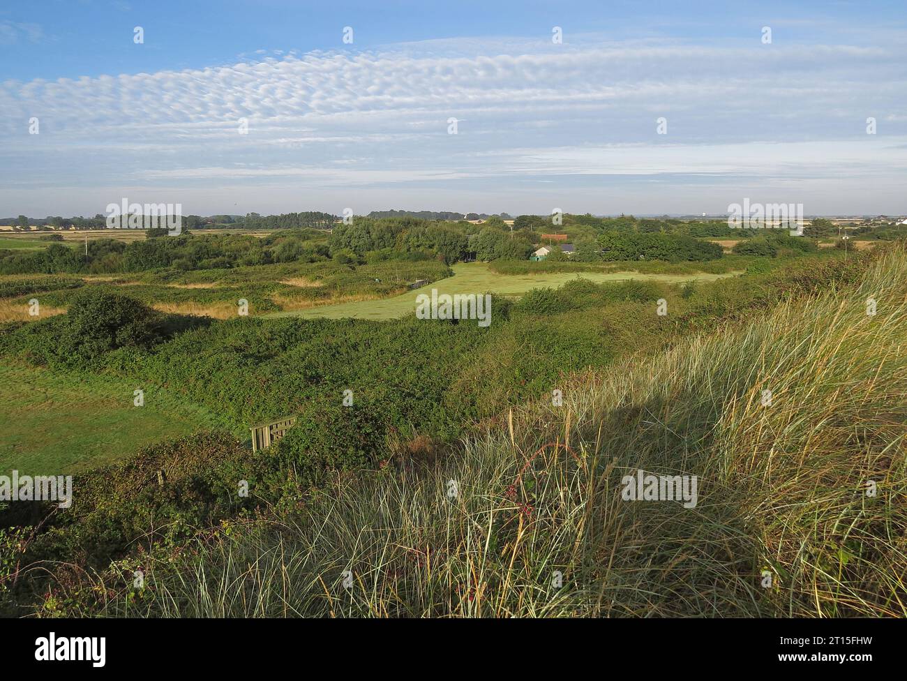 view from dunes at Eccles-on-sea looking inland over scrubland and the ...
