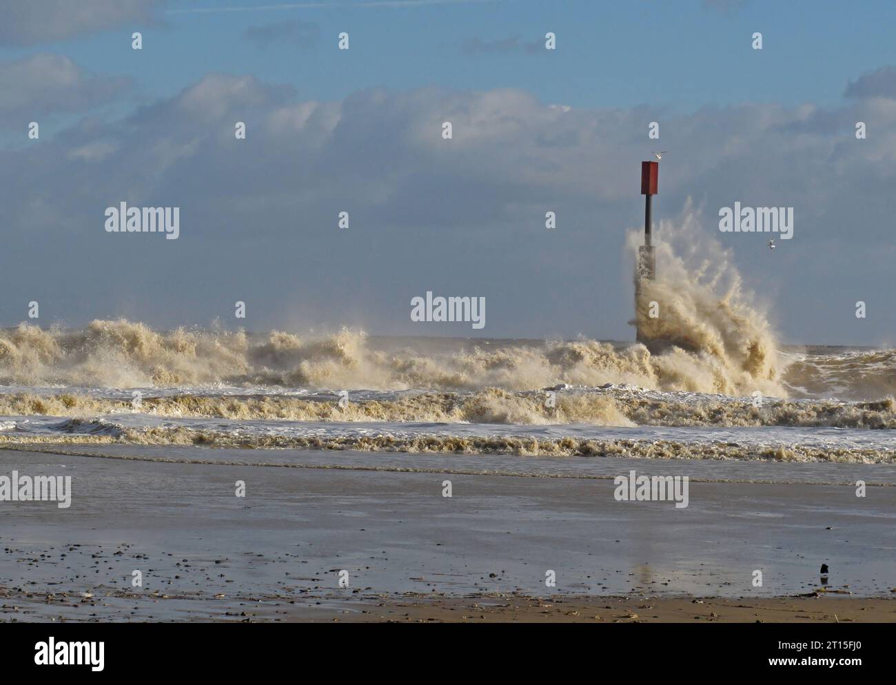 waves breaking on sea defences during a 'North Sea tidal surge' Eccles ...
