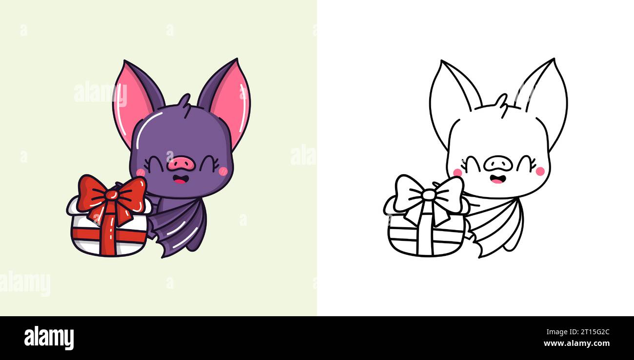 Cute Christmas Bat Illustration and For Coloring Page. Cartoon Stickers ...