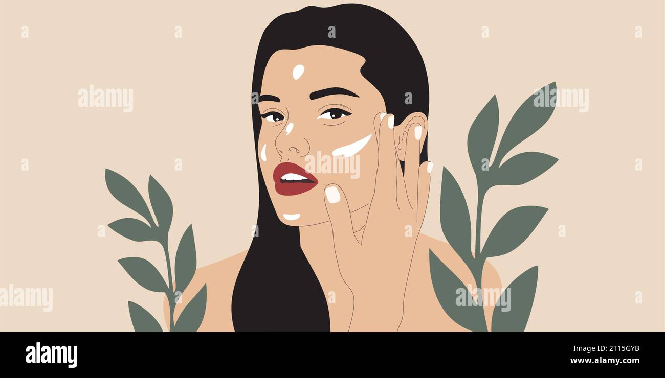 Pretty woman apply lotion or cream on face. Clean and beauty skincare ...