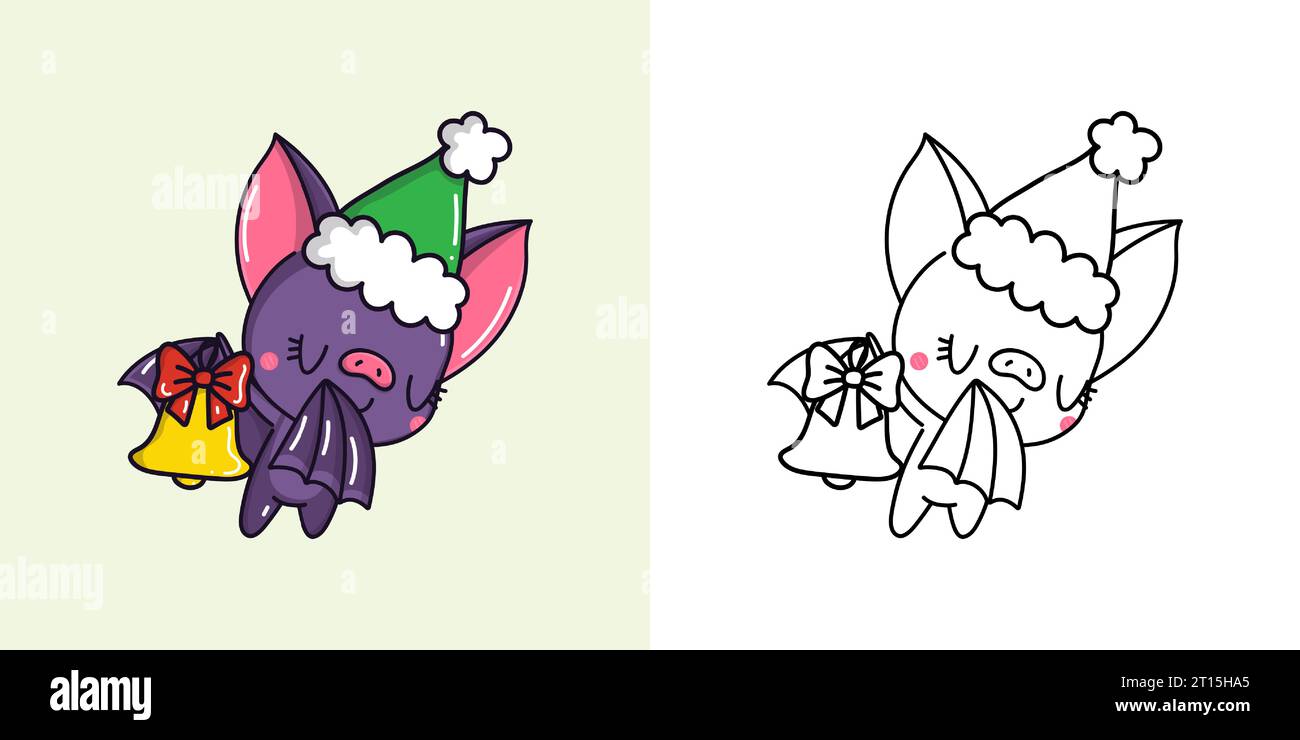 Kawaii Vector Xmas Bat Multicolored and Black and White. Beautiful Clip ...