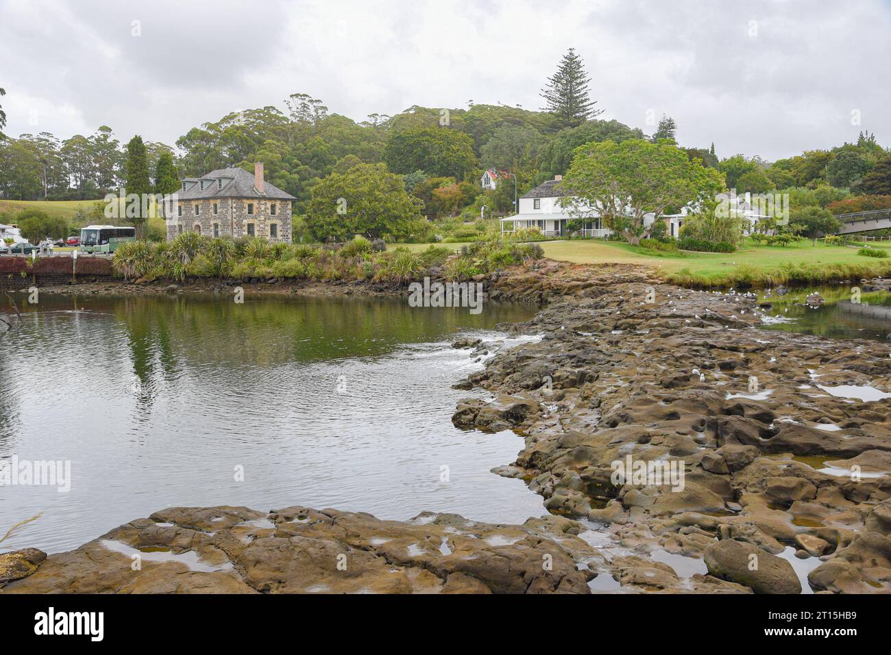 View to the pier sand and rock, Bay of Islands in New Zealand Stock ...
