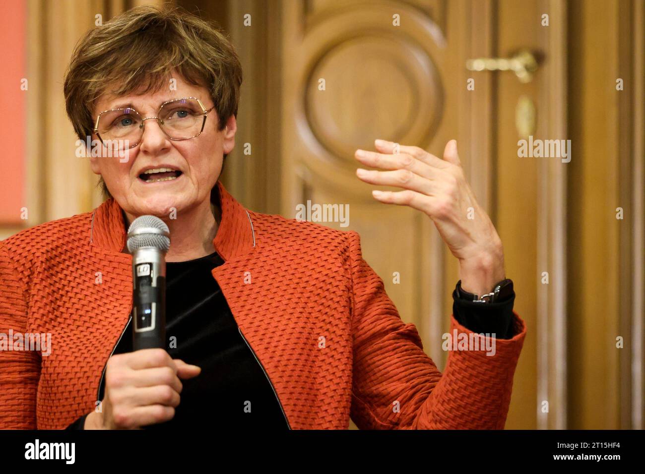 Hungarian biochemist Katalin Kariko speaks during the press conference ...