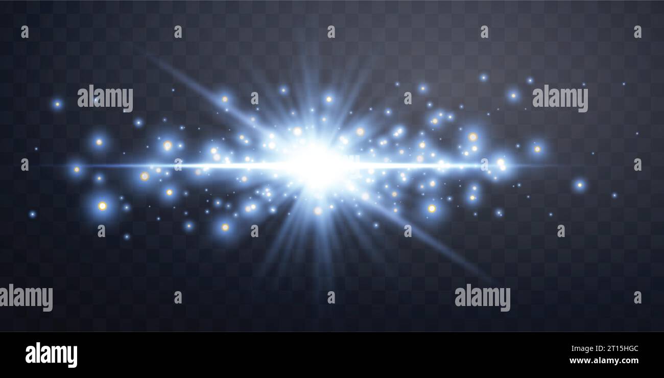 Blue horizontal lensflare. Light flash with rays spotlight. Blue glow ...