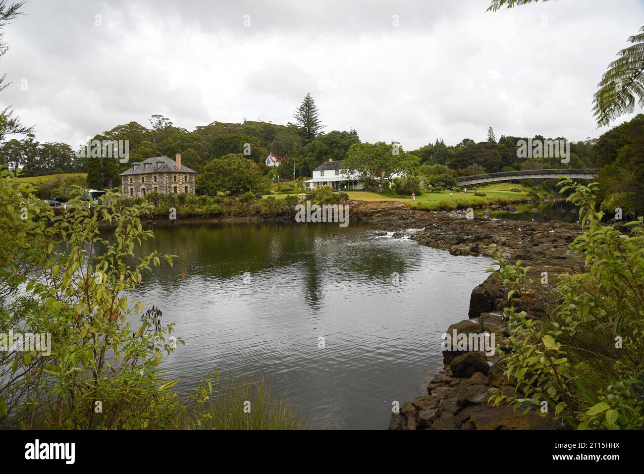 View to the pier sand and rock, Bay of Islands in New Zealand Stock ...