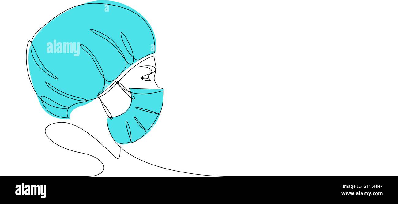 One continuous line drawing of medical worker wearing face mask and cap ...